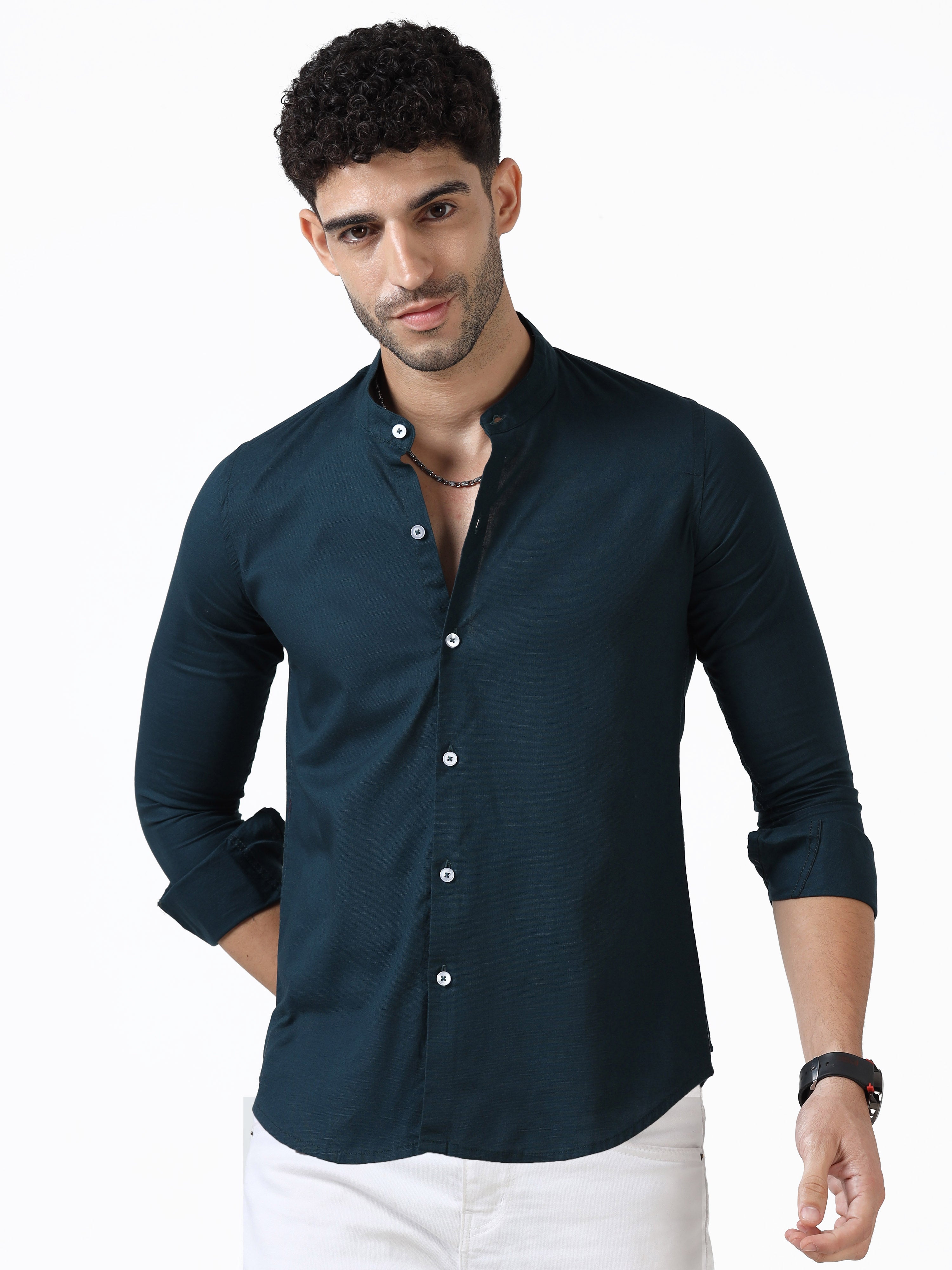 Men’s Peacock Blue Linen Chinese Collar Shirt – Sophisticated Smart Ca ...