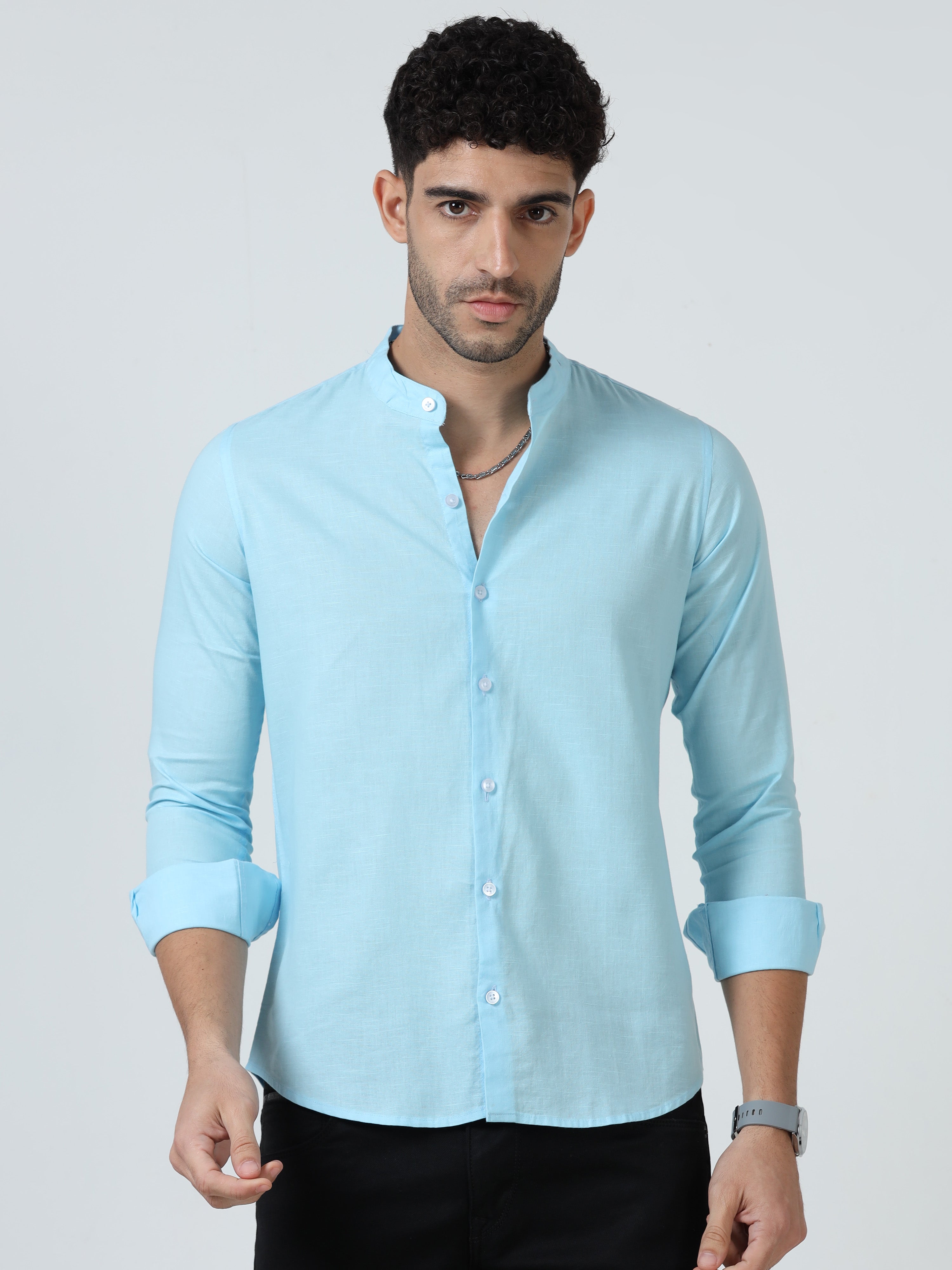 Cotton Chinese Collar Shirt - Light Blue – Reserio